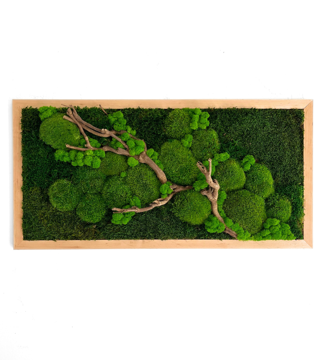 Obraz z mchu 40x80cm w jasnej drewnianej ramie poziomy CZAS NA MECH